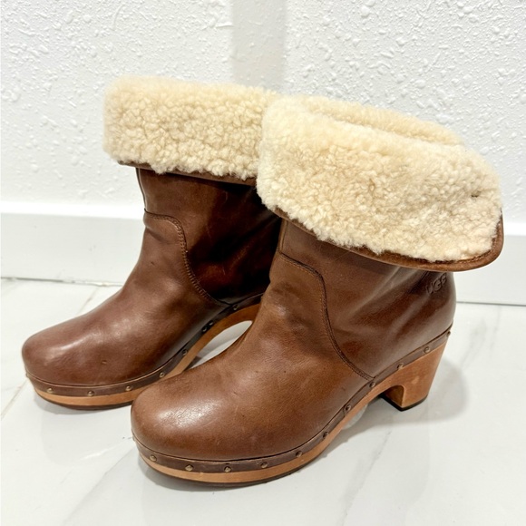 UGG | Shoes | Ugg Lynnea Clog Shearling Boots In Brown Leather 8 | Poshmark